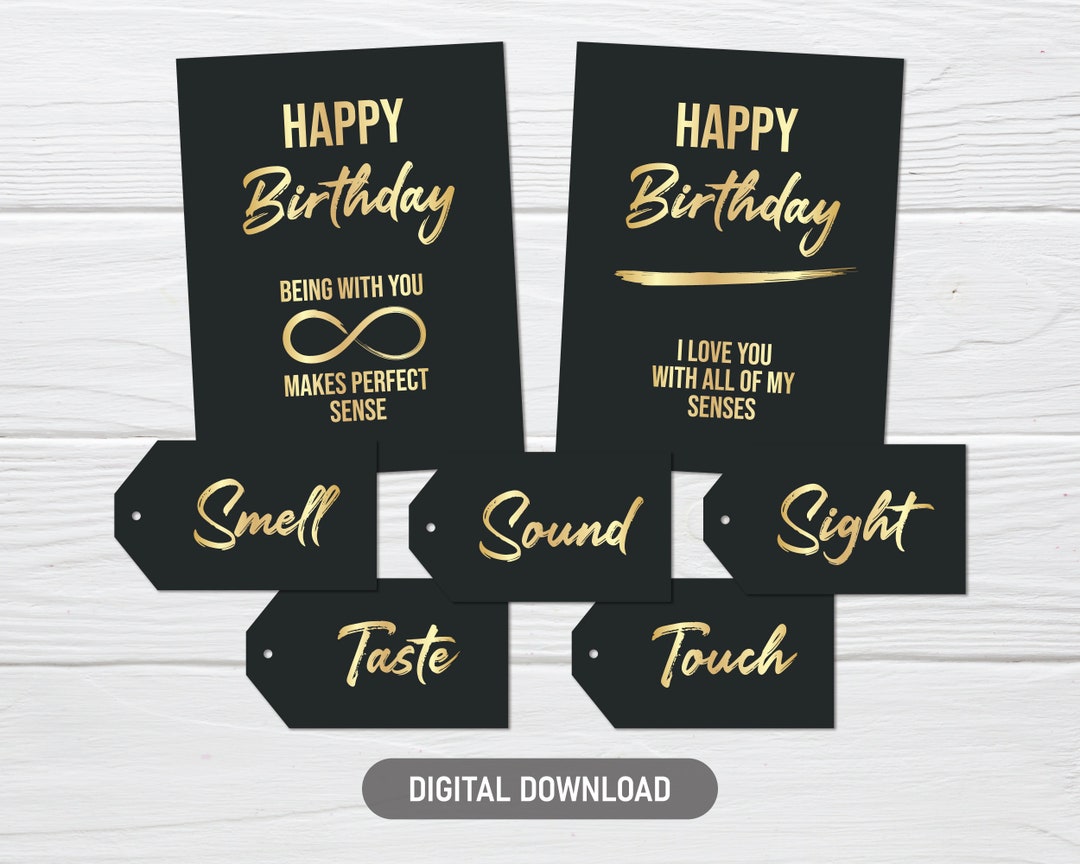 5 Senses Birthday Gift Tags - Printable Black and Gold Gift Labels ...