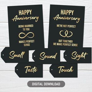5 Senses Wedding Anniversary Gift Tags, Printable Black and Gold Gift ...