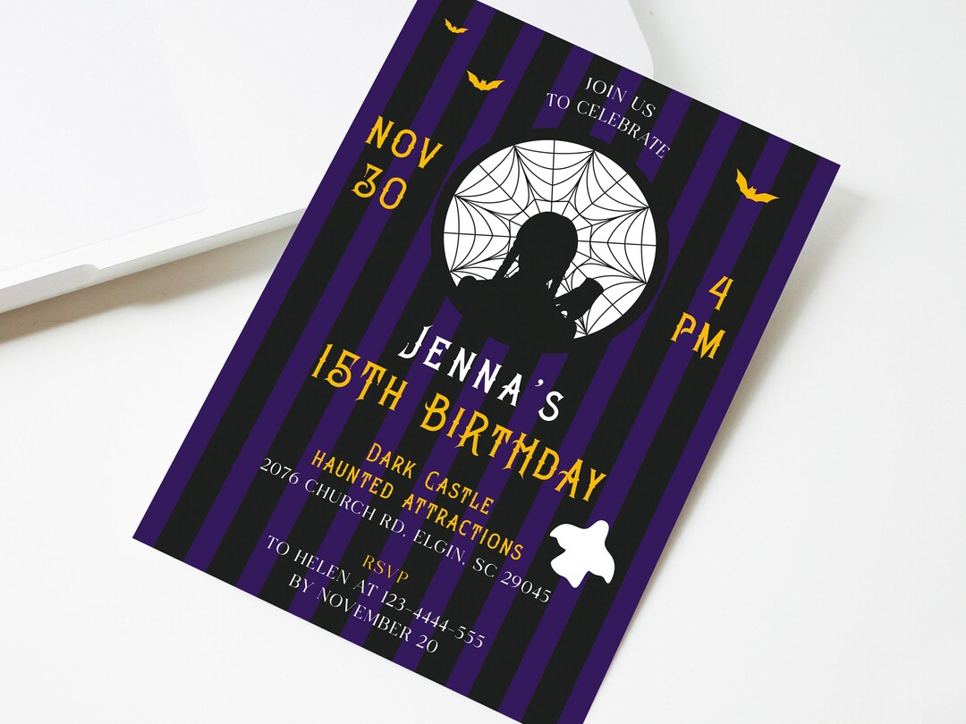 Wednesday Invitation, Printable Purple Birthday Party Invite, Shadow ...