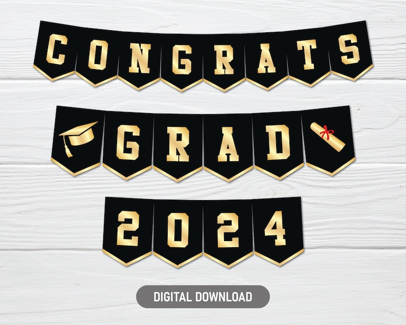 Congrats Grad Banner, Printable 2024 Graduation Party Decor, Black and ...