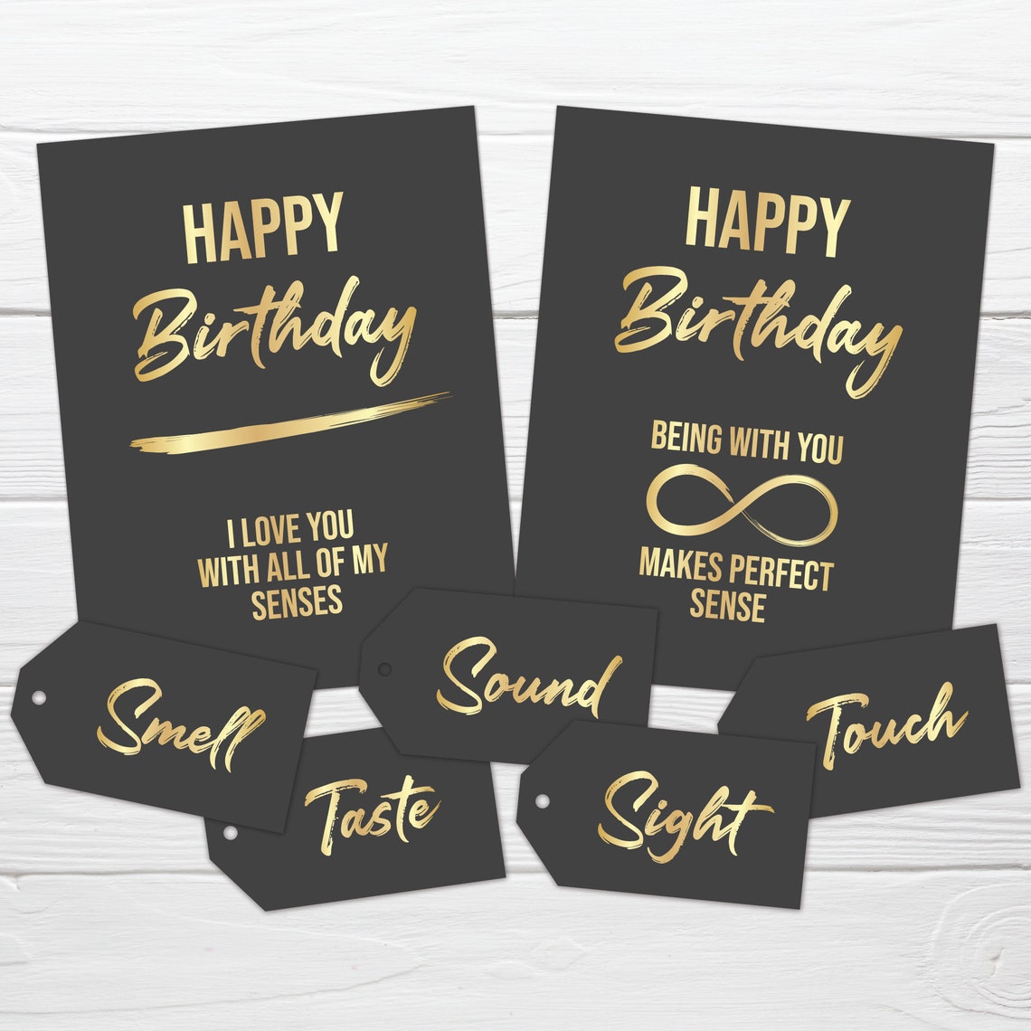 5 Senses Birthday Gift Tags Printable Black and Gold Gift | Etsy