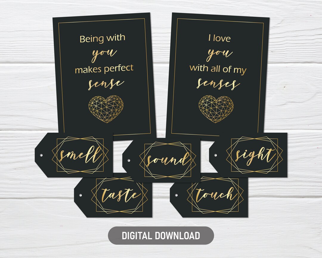 5 Senses Gift Tags - Printable Black and Gold Present Labels - Being ...
