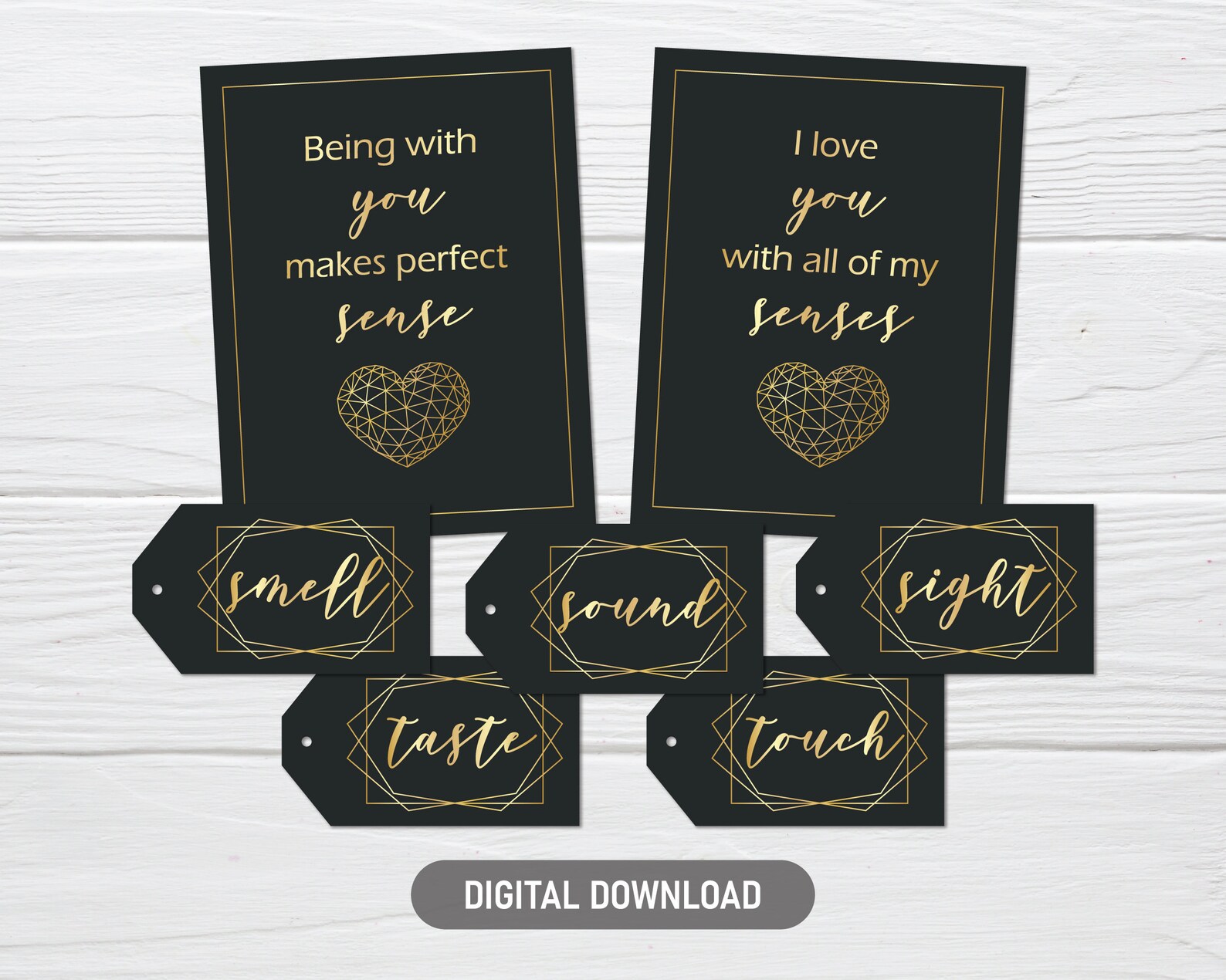 5 Senses Gift Tags, Printable Black and Gold Present Labels for Him or ...
