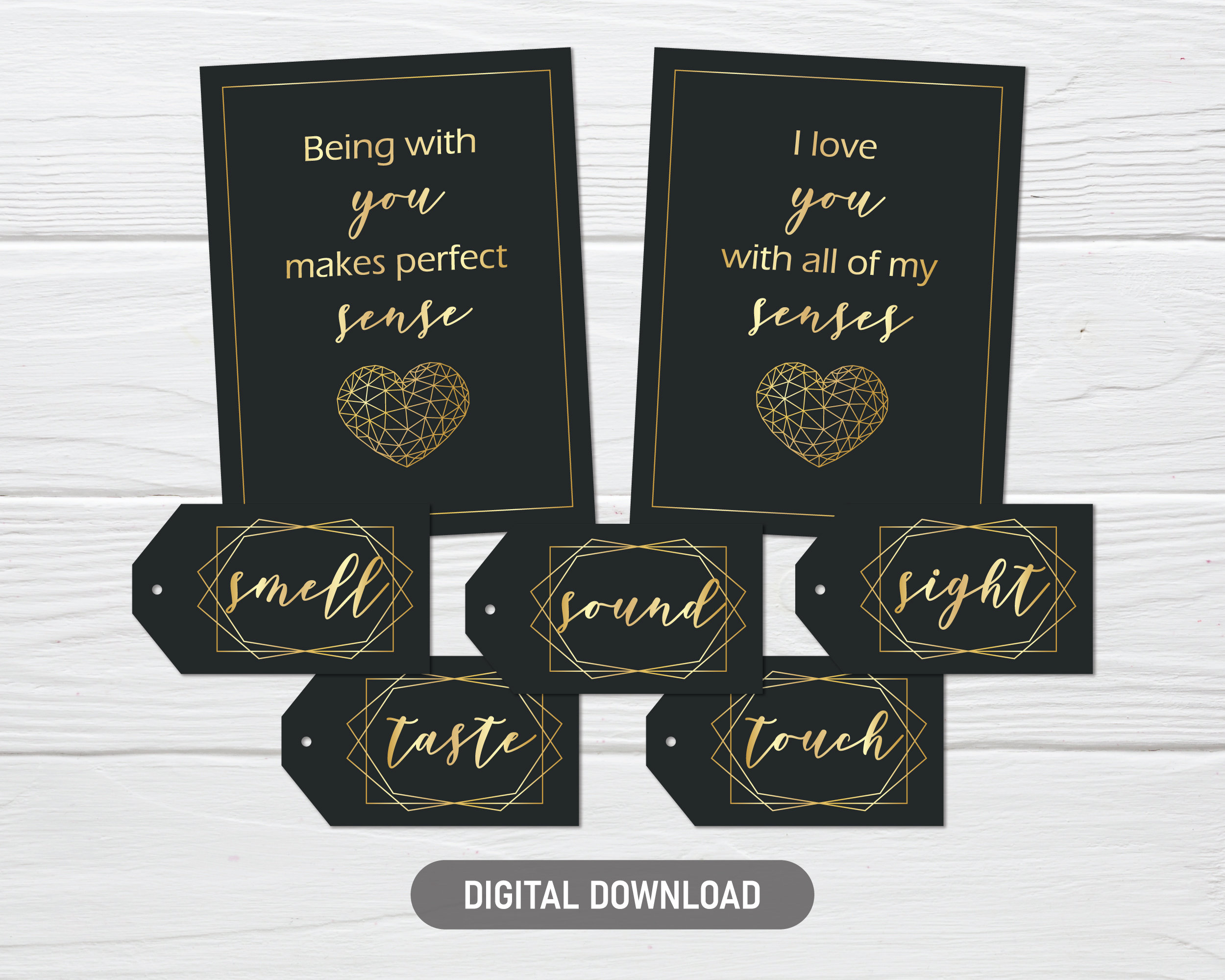 5 Senses Gift Tags, Printable Black and Gold Present Labels for Him or ...