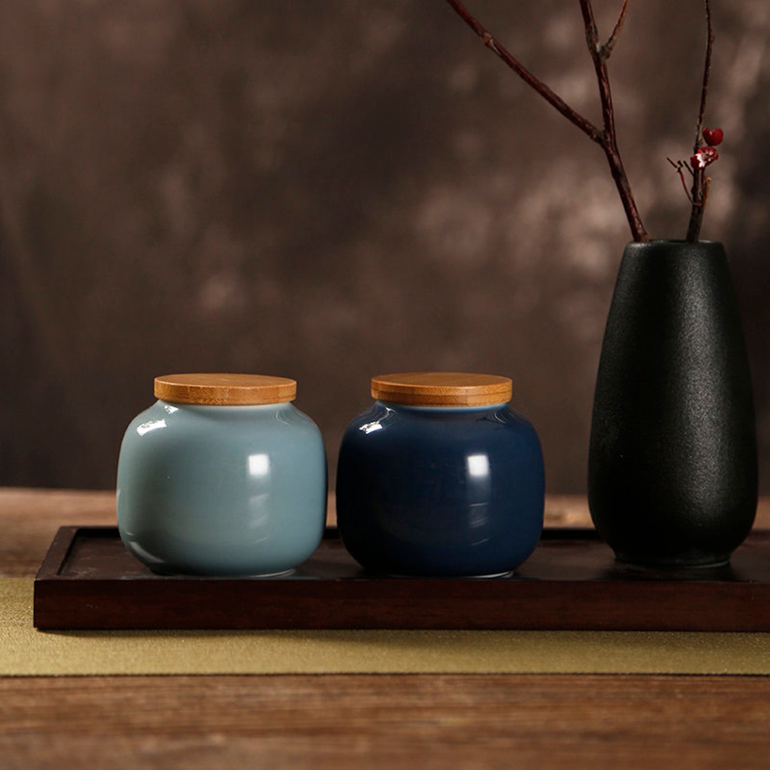 Oriental Ceramic Tea Leaf Storage Jar/vintage Style Royal Color Glazed ...