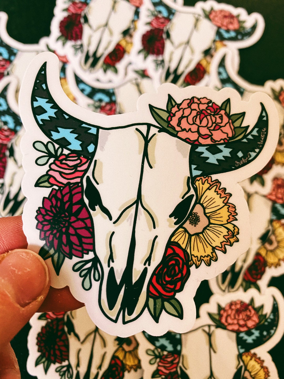 Floral Cow Skull Sticker - Etsy