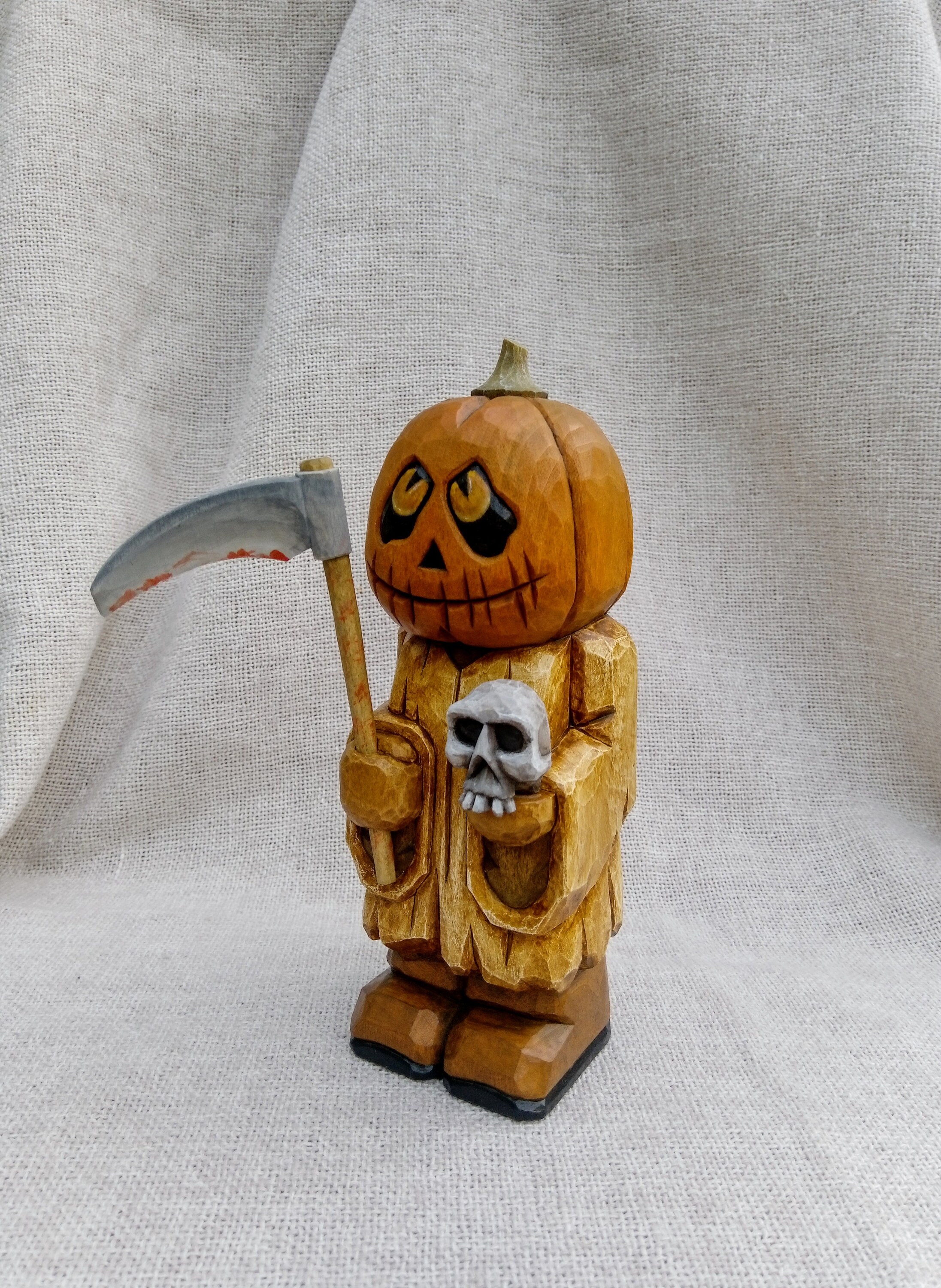 Wood Carving Hand Carved Halloween Pumpkin Man Figurine With - Etsy