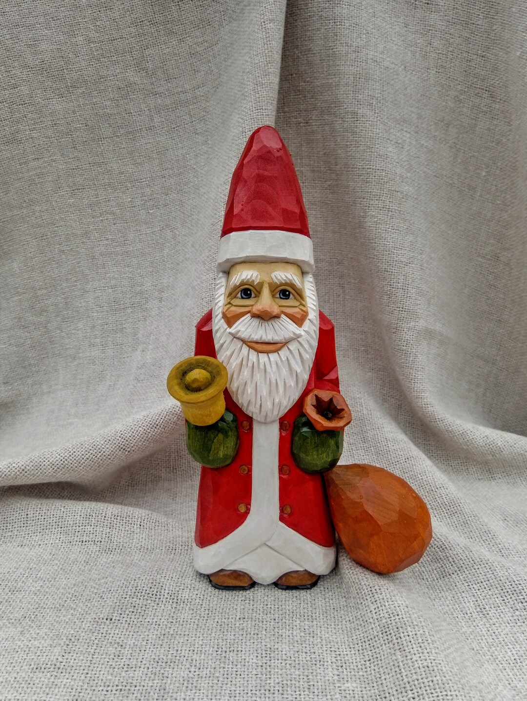 Wood Carving Hand Carved Wooden Santa in Red With Gift Sack and Bell ...