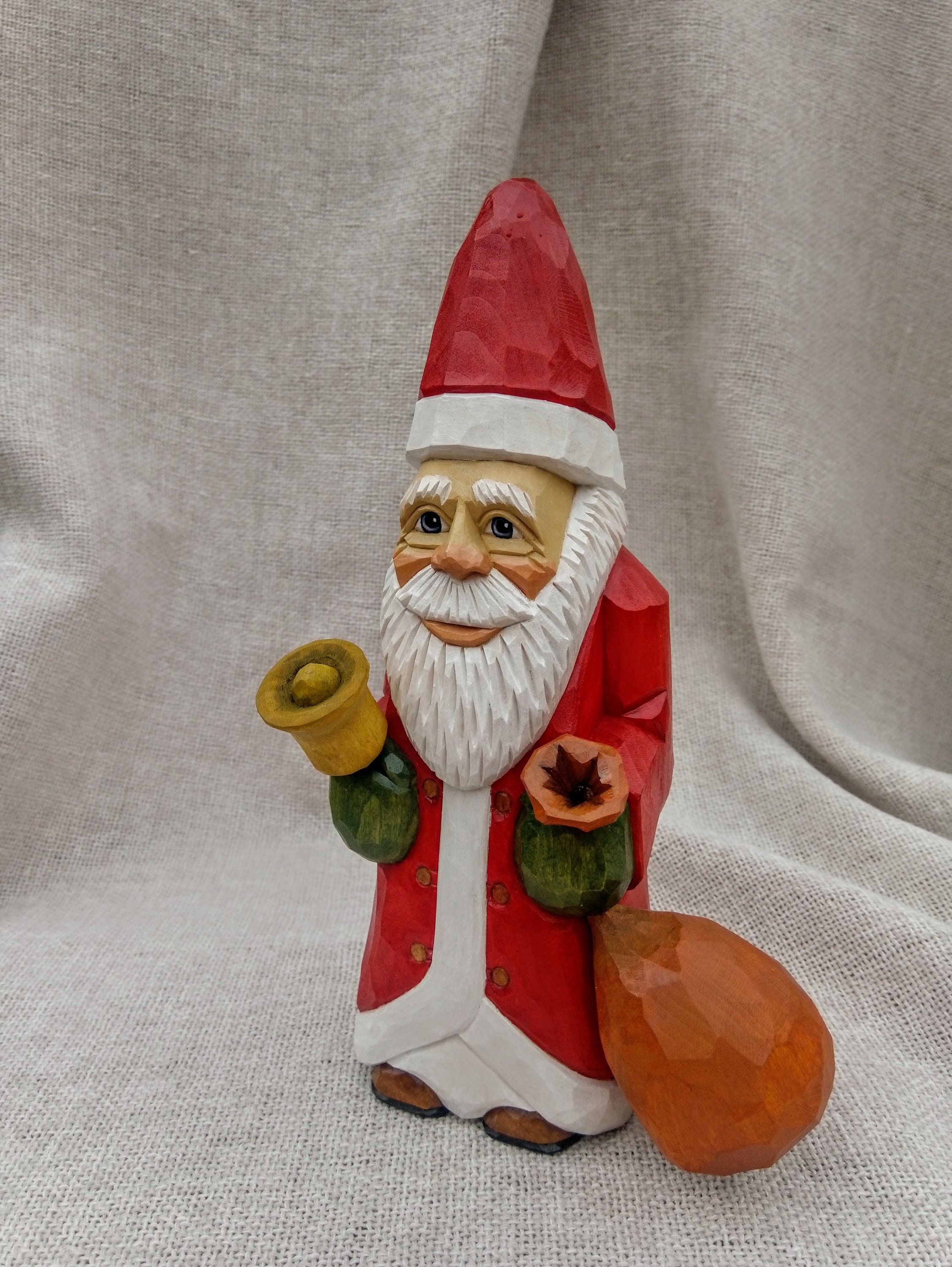 Wood Carving Hand Carved Wooden Santa in Red With Gift Sack and Bell ...