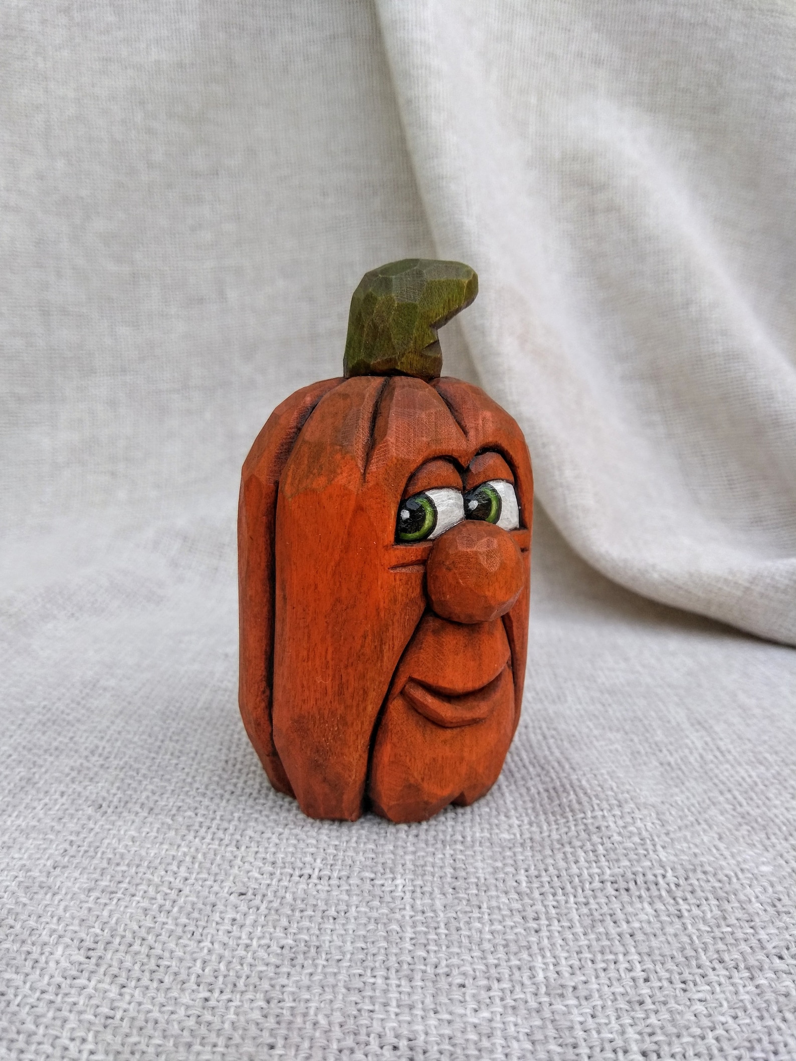 Wood Carving - Hand Carved Halloween Pumpkin Head Figurine - Wood ...