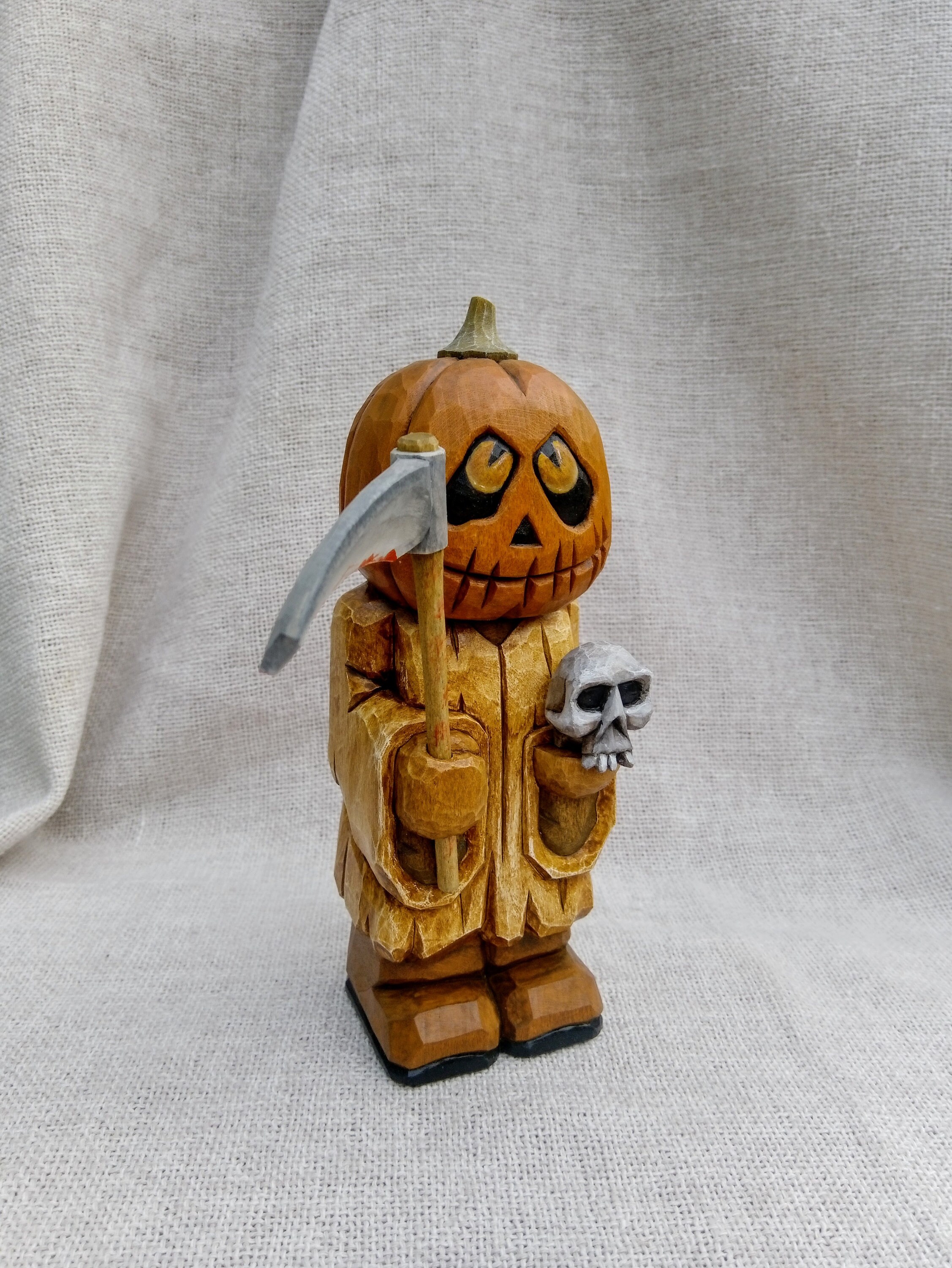 Wood Carving Hand Carved Halloween Pumpkin Man Figurine With - Etsy
