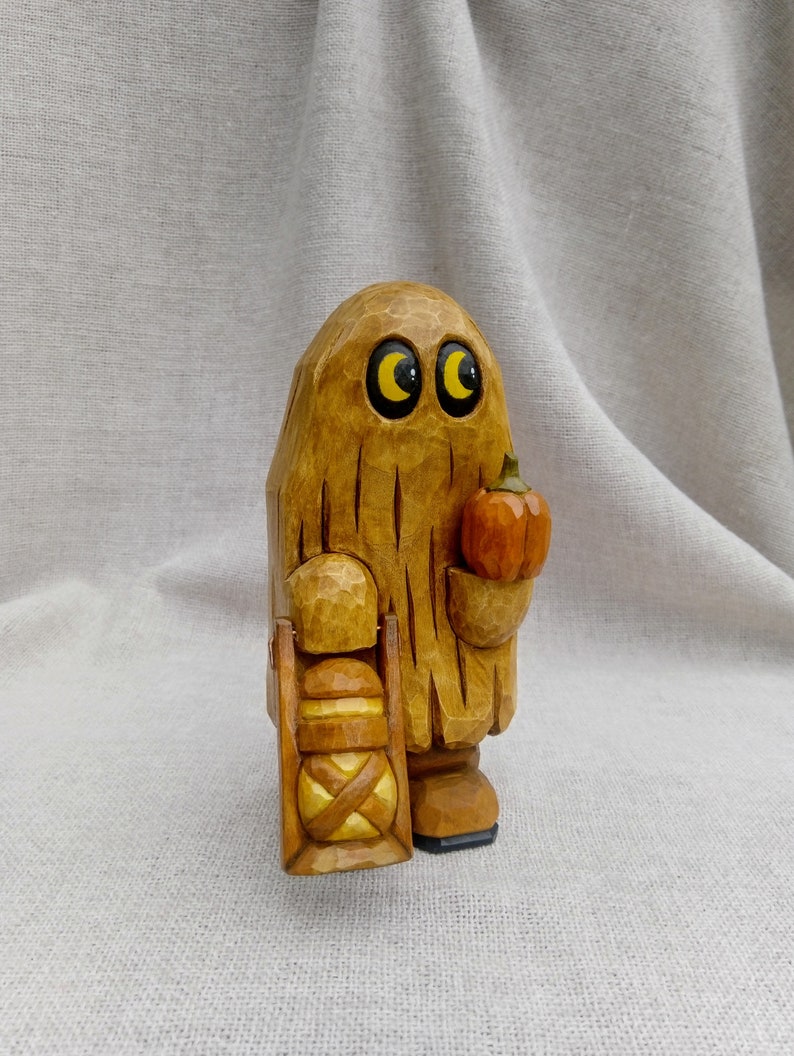 Wood Carving Halloween Ghost Sculpture - Whittling Wooden Pumpkin ...