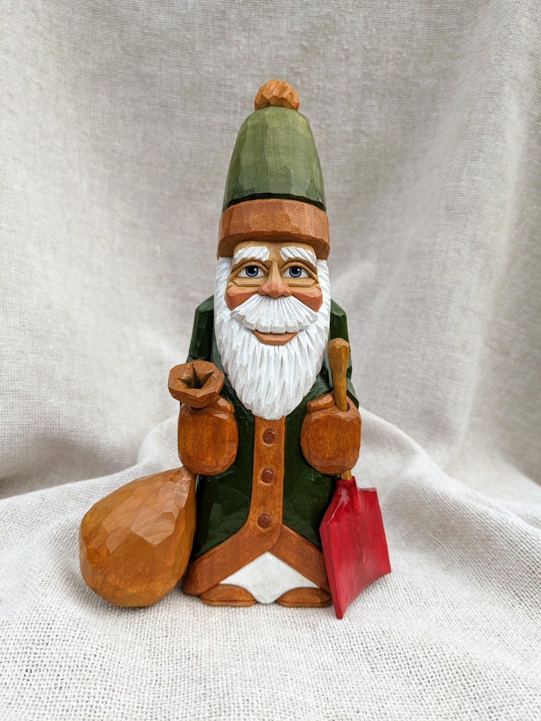 Hand Carved Wooden Santa in Dark Green and Gold Robe - Whittling Santa ...