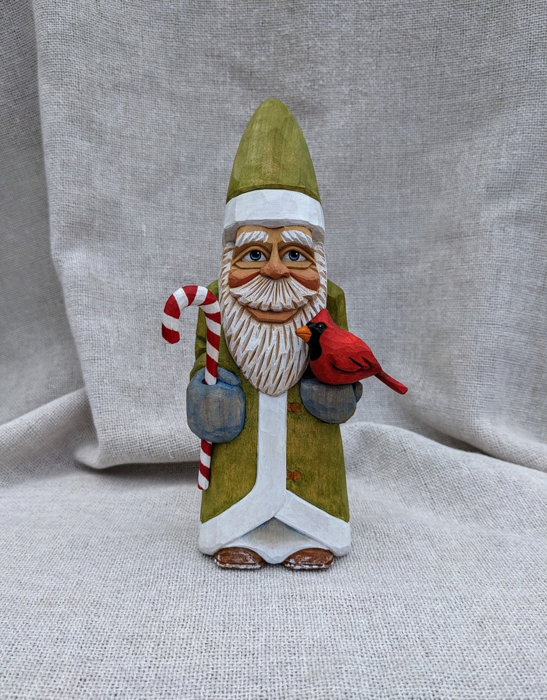 Wood Carving - Hand Carved Wood Santa Figure in A Green and White Robe ...