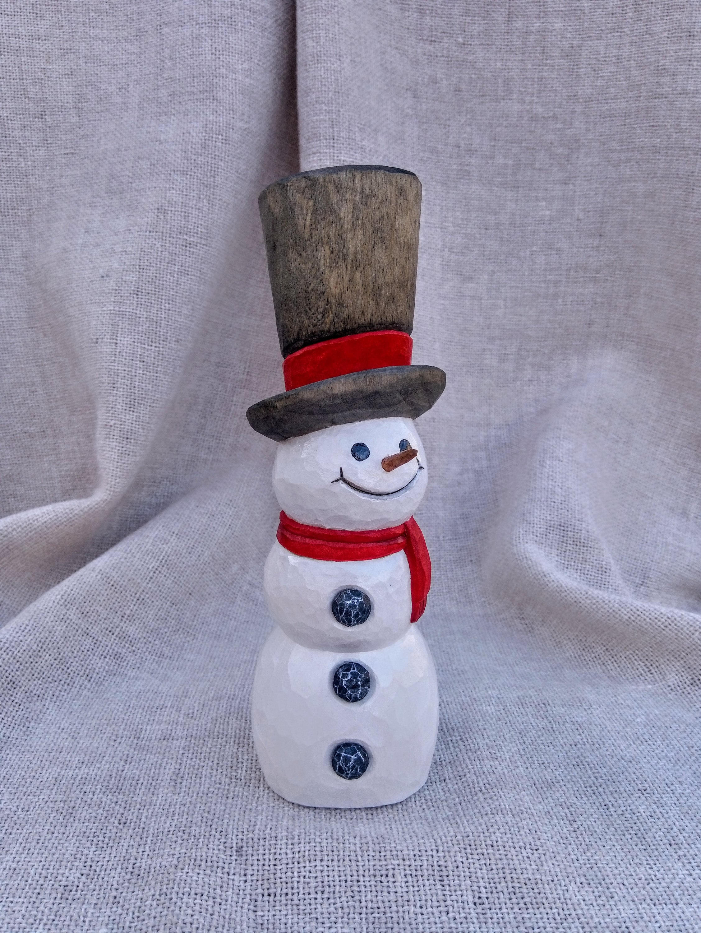 Wood Carving Hand Carved Wooden Snowman With Red Scarf Christmas ...