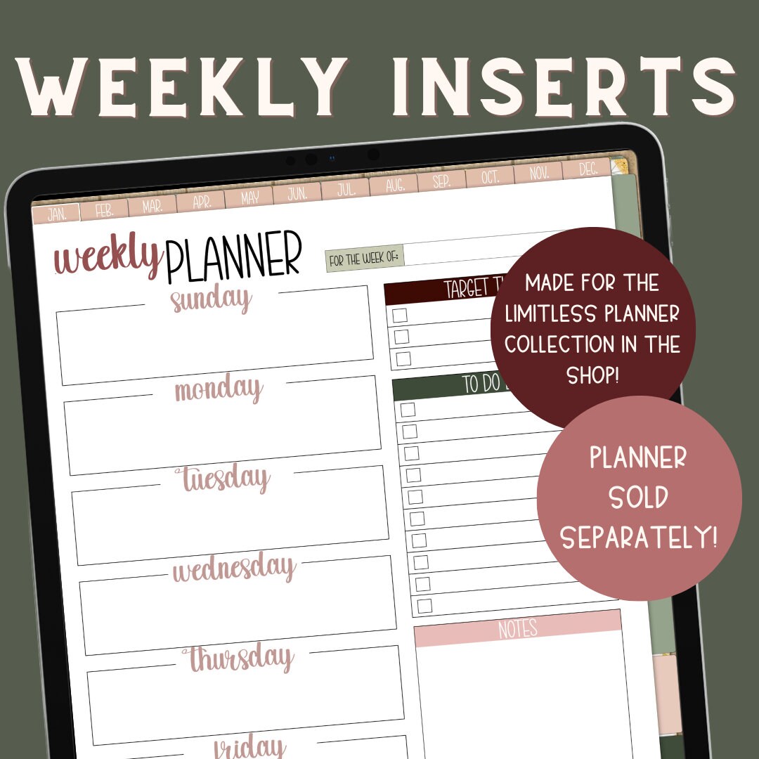 Digital Weekly Inserts, Weekly Planner, Week at a Glance, Monday Start ...