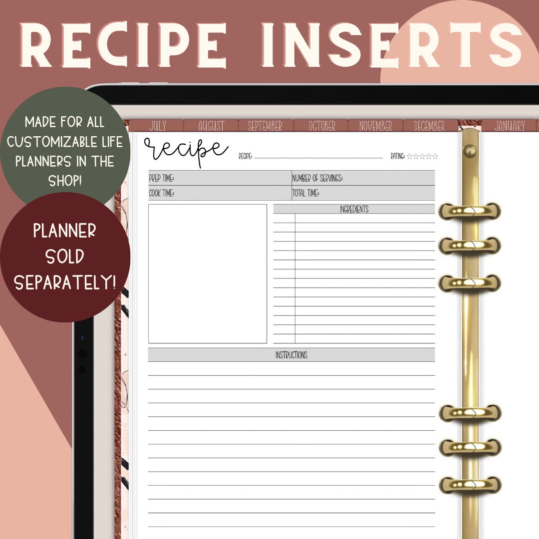 Recipe Inserts, Digital Recipe Templates, Inserts for Digital Planner ...