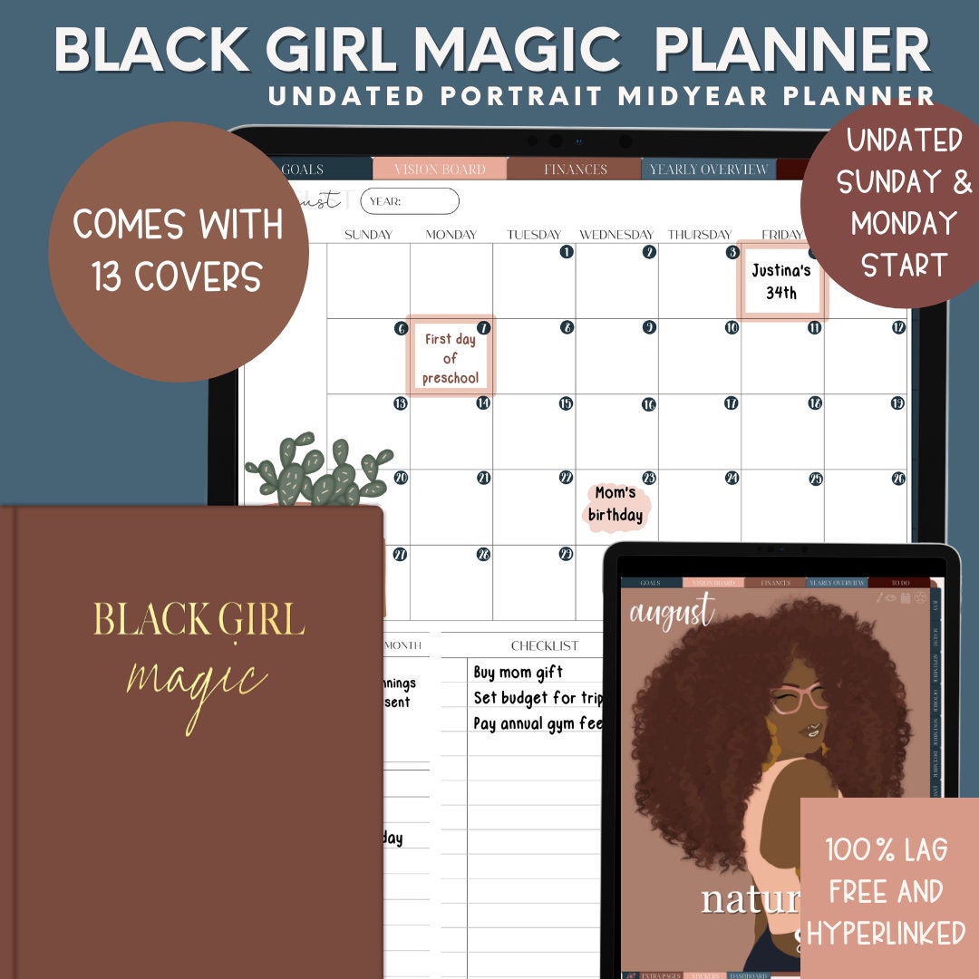 2024-2025 UNDATED Black Girl Digital Planner, Afro Midyear Digital ...