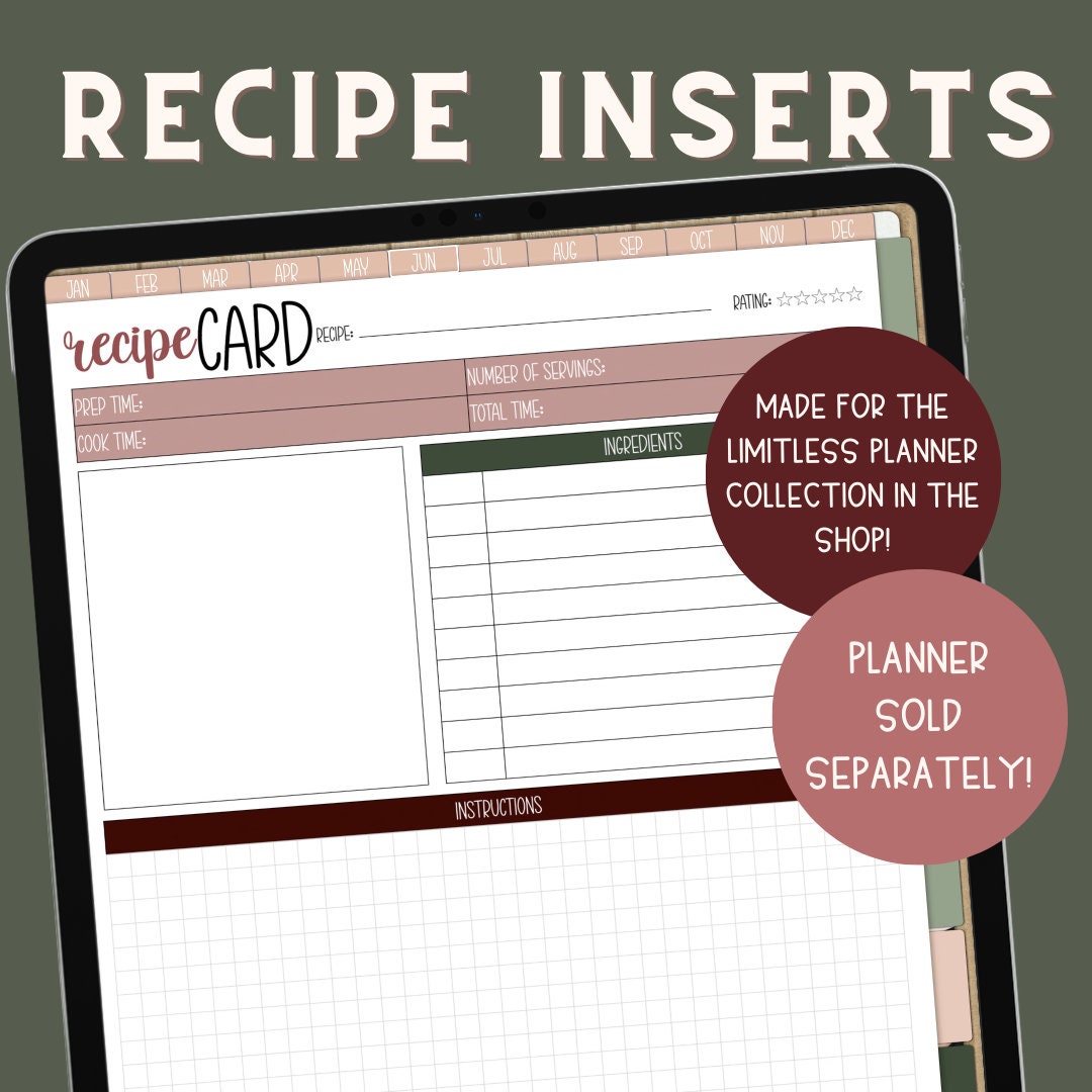 Recipe Inserts, Digital Recipe Templates, Inserts for Digital Planner ...