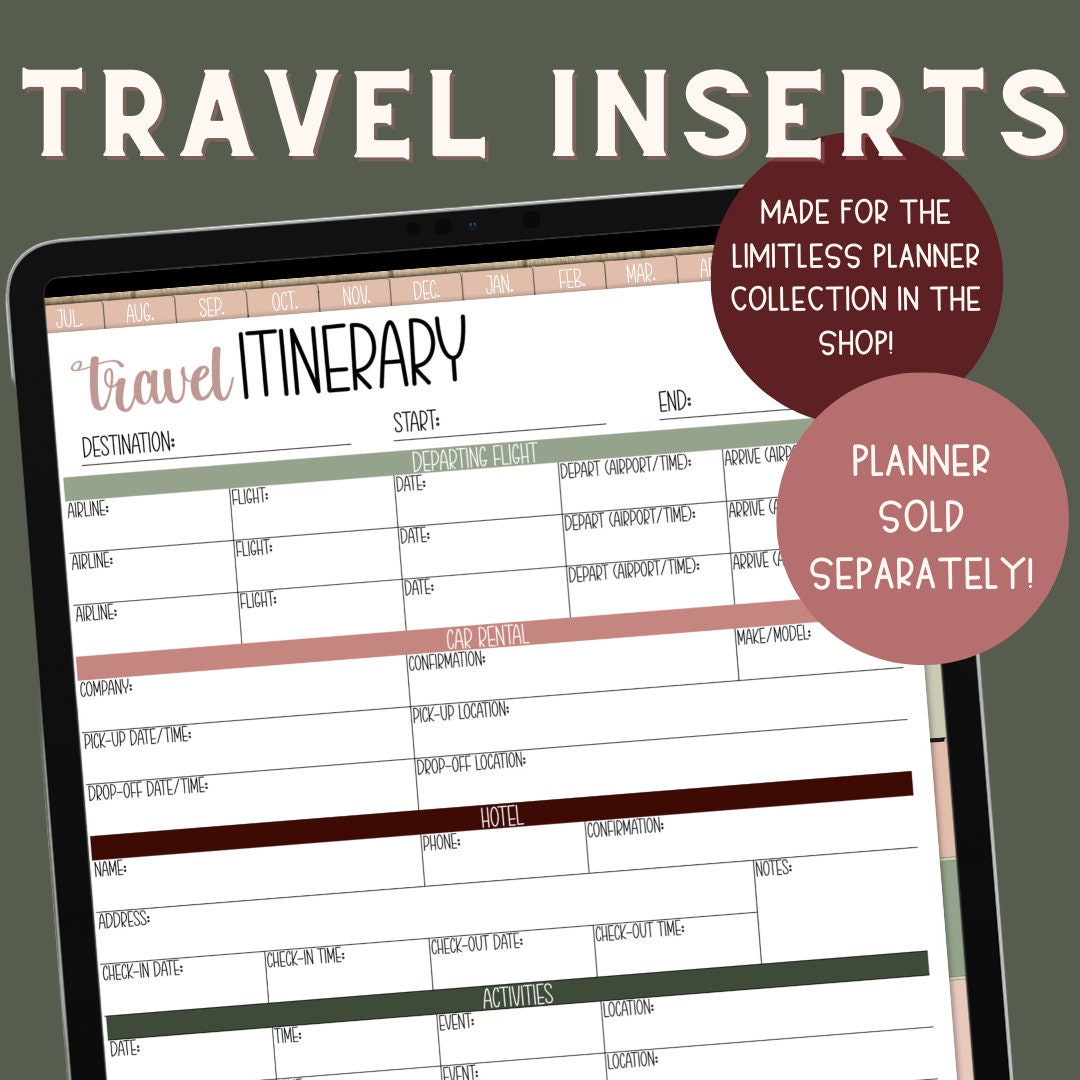 Travel Inserts for Digital Planner, Vacation Inserts, Digital Travel Inserts, Travel Itinerary ...
