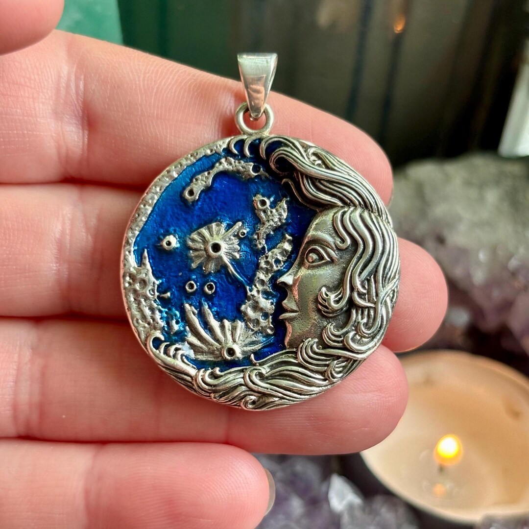 Whimsical Large Blue Moon Lady Pendant. Silver Moon Goddess Pendant ...