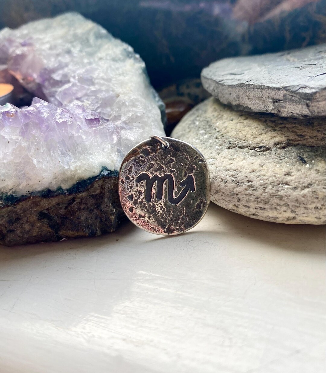 Thick, Textured and Tactile Scorpio Coin Pendant. Silver Scorpio Symbol ...