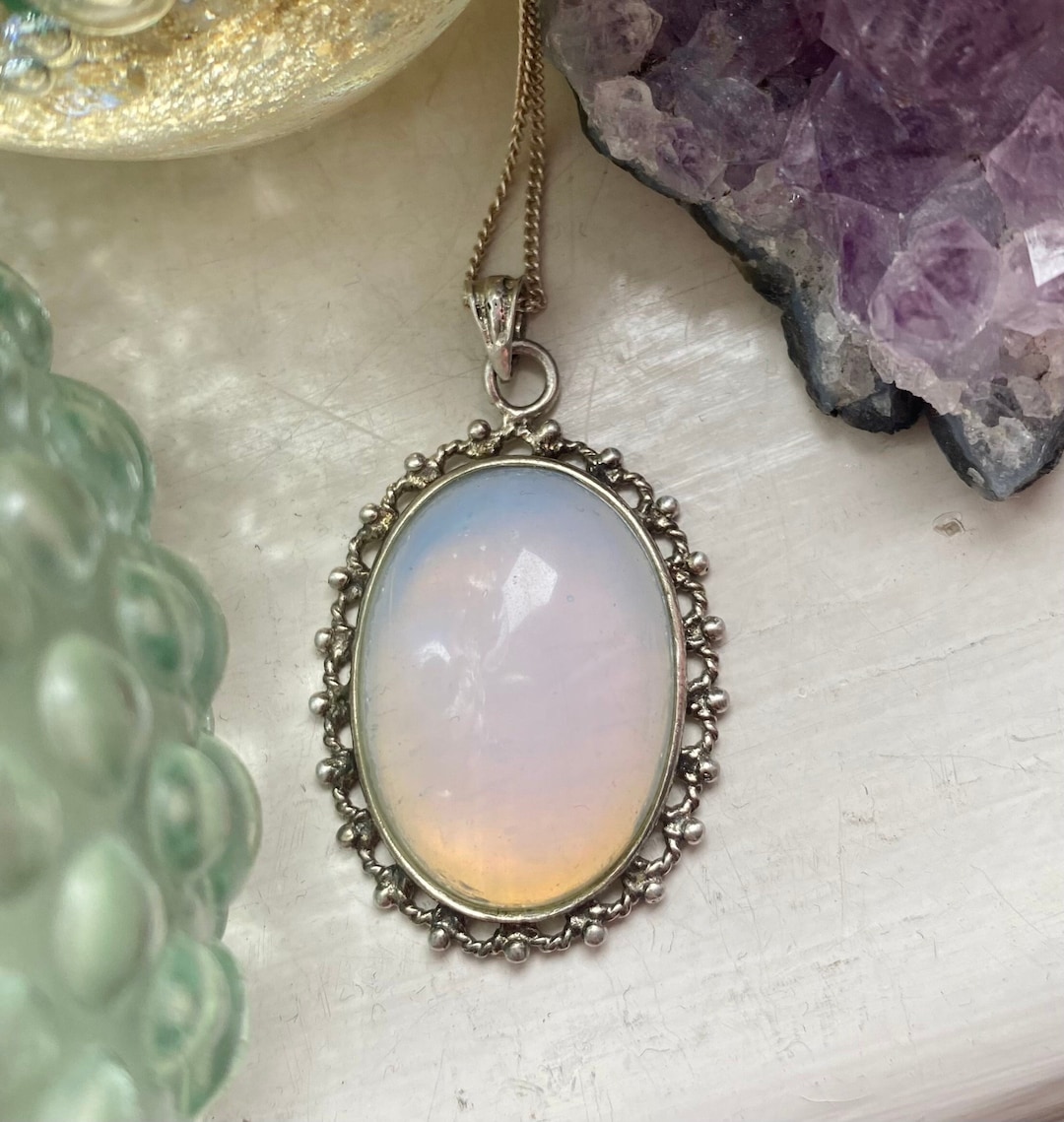Beautiful Vintage Opalite Glass Pendant. Moonstone Glass Pendant. Oval ...