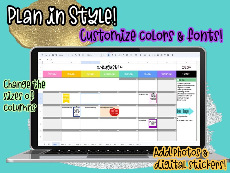 2024-2025 Google Sheets Lesson Planner & Calendar August-july Rainbow ...