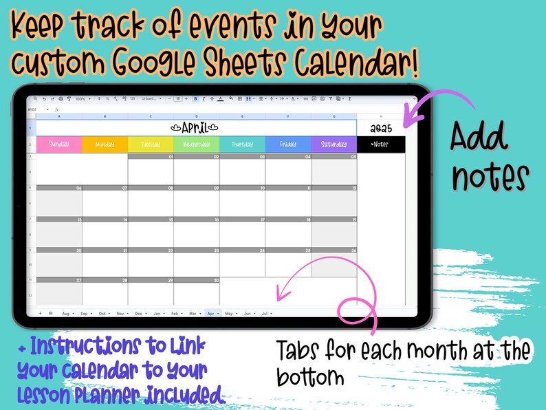 2024-2025 Google Sheets Lesson Planner & Calendar August-july Rainbow ...