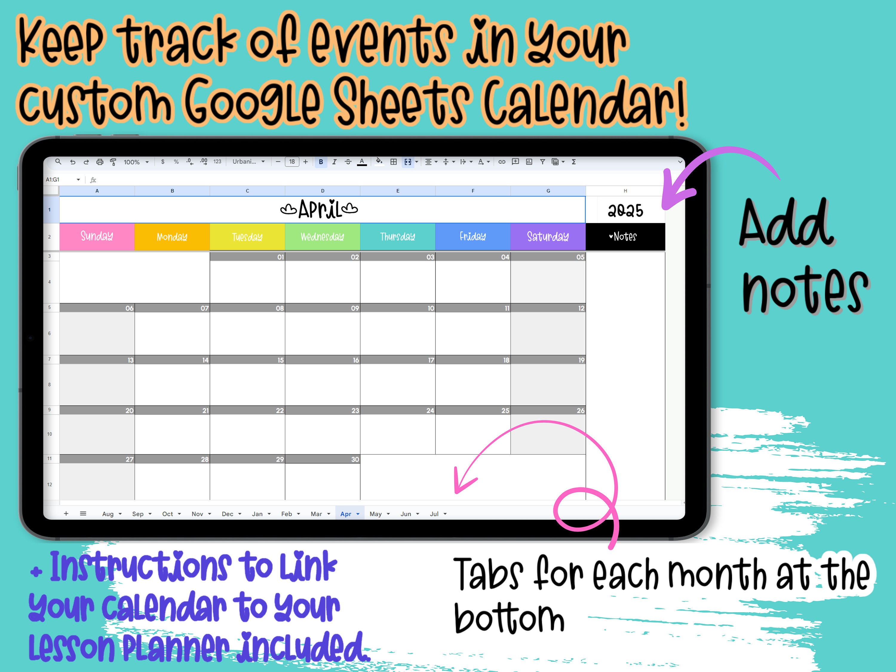 2024-2025 Google Sheets Lesson Planner & Calendar August-july Rainbow ...