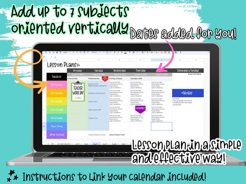 2024-2025 Google Sheets Lesson Planner & Calendar August-july Rainbow ...