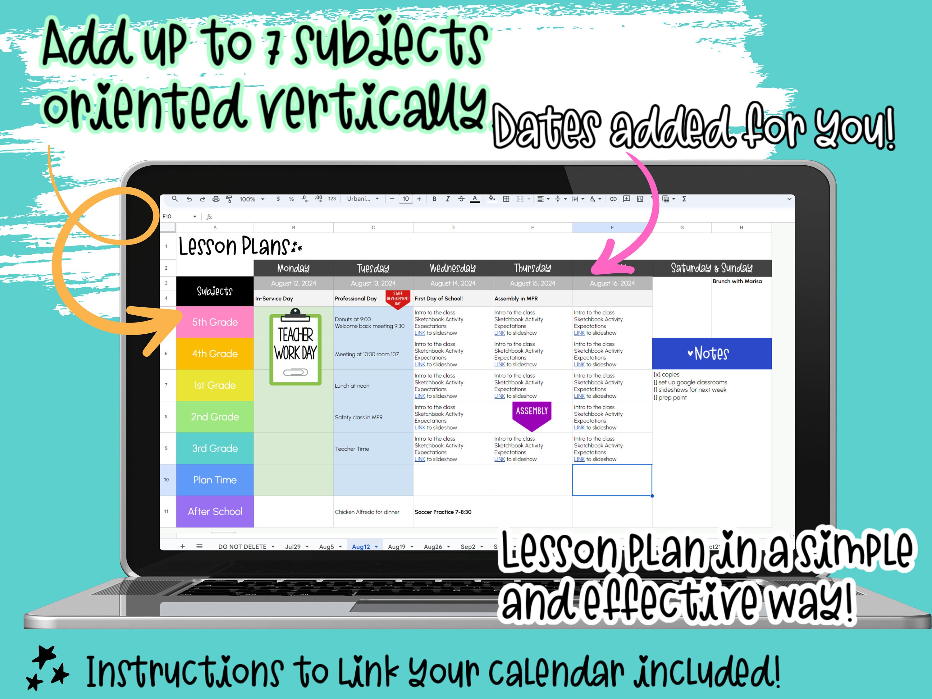 2024-2025 Google Sheets Lesson Planner & Calendar August-july Rainbow ...