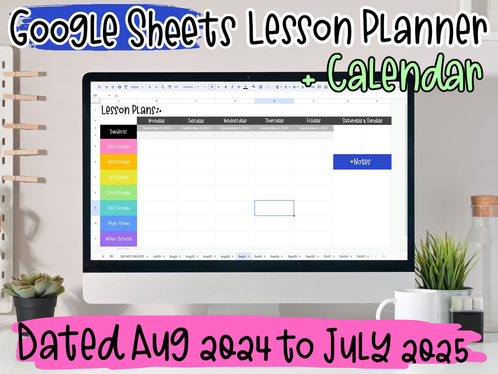 2024-2025 Google Sheets Lesson Planner & Calendar August-july Rainbow ...