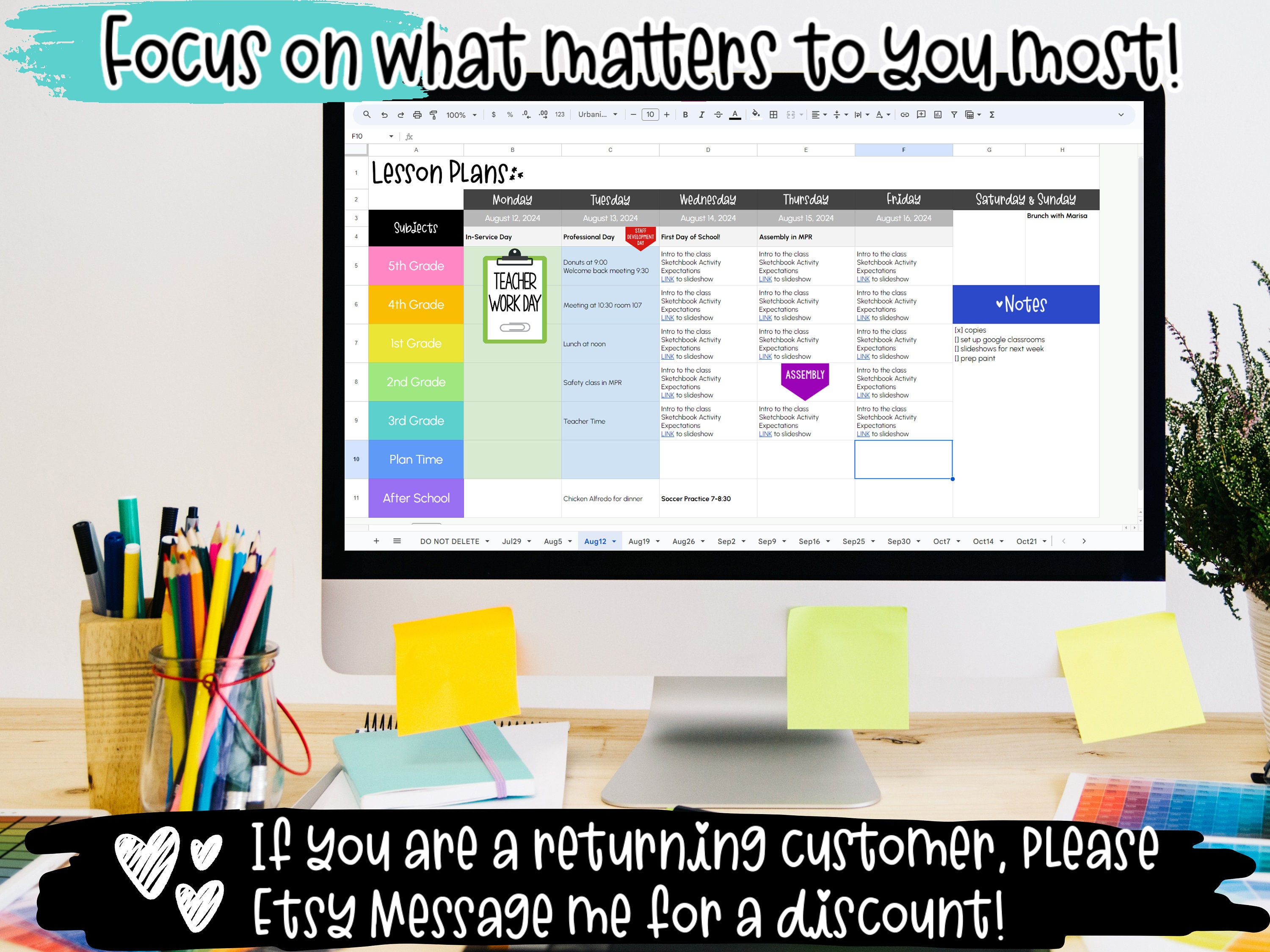 2024-2025 Google Sheets Lesson Planner & Calendar August-july Rainbow ...