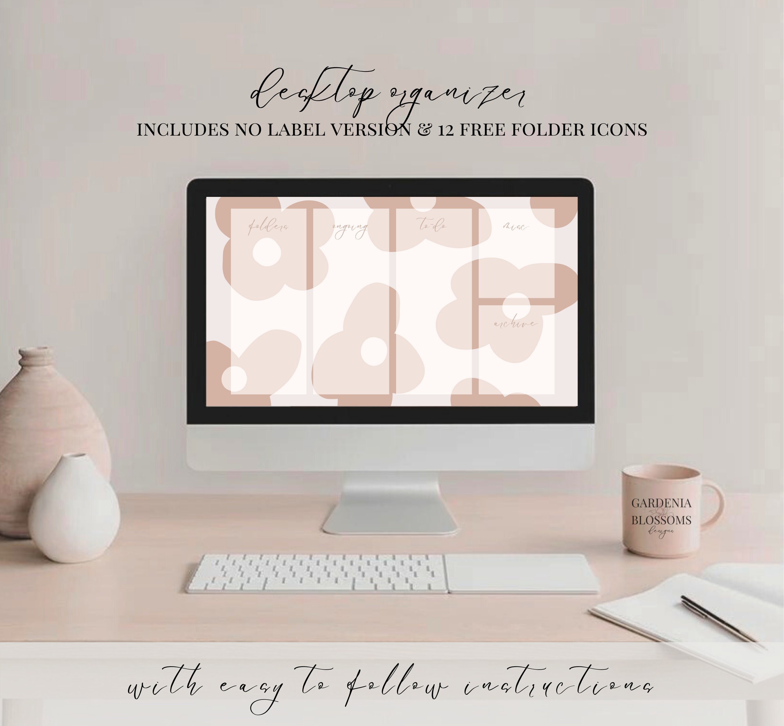 Neutral Floral Desktop Organizer Wallpaper With 12 Free Folder Icons ...
