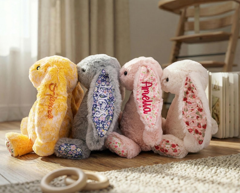 Embroidered Bunny Stuffed Animal | Cute Plush Rabbit Doll | Flower Girl ...