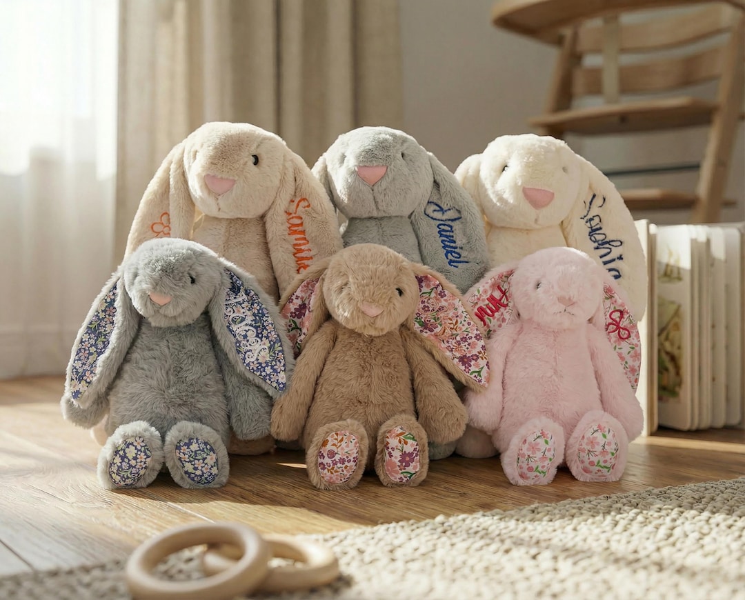 Embroidered Bunny Stuffed Animal | Cute Plush Rabbit Doll | Flower Girl ...
