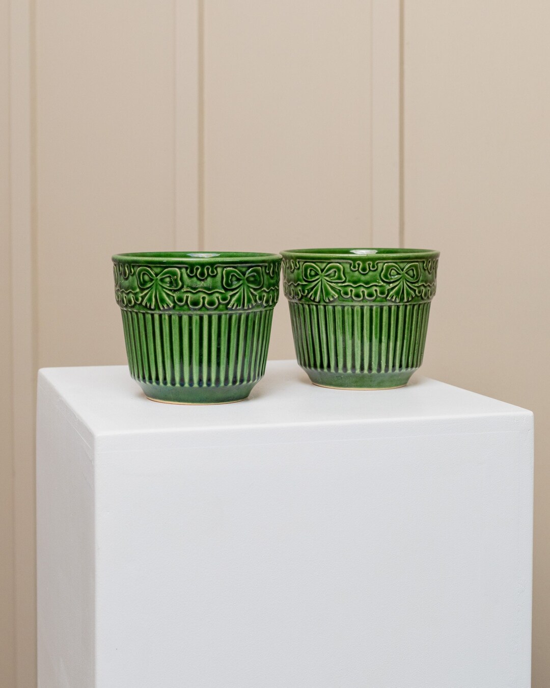 Set of 2 Vintage Bay-keramik Flower Pots Model 603-14 Green Ribbed and ...