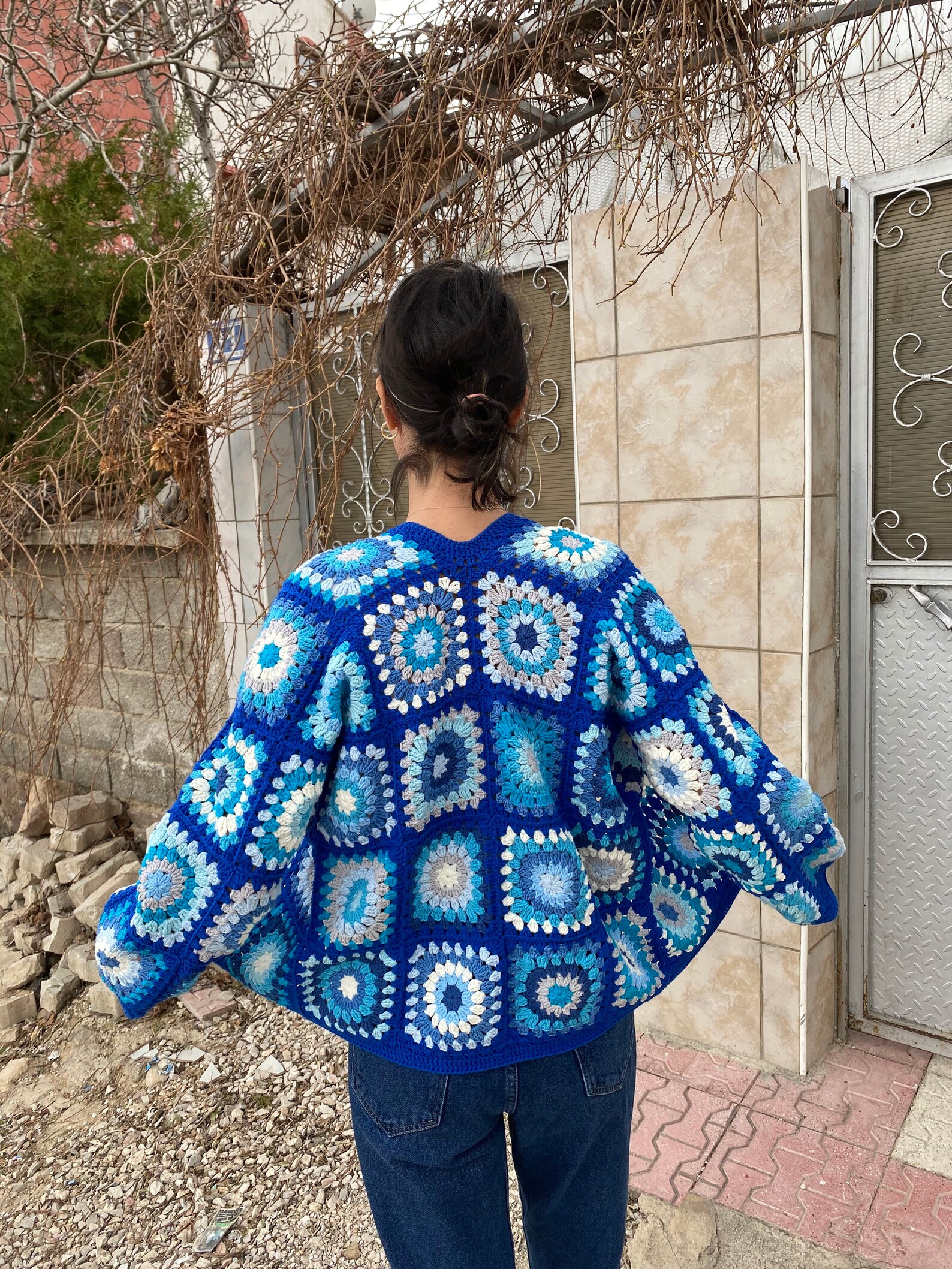 Afghan Style Coat Vintage Cardigan, Women's Hand Knit Hippie Cardigan ...