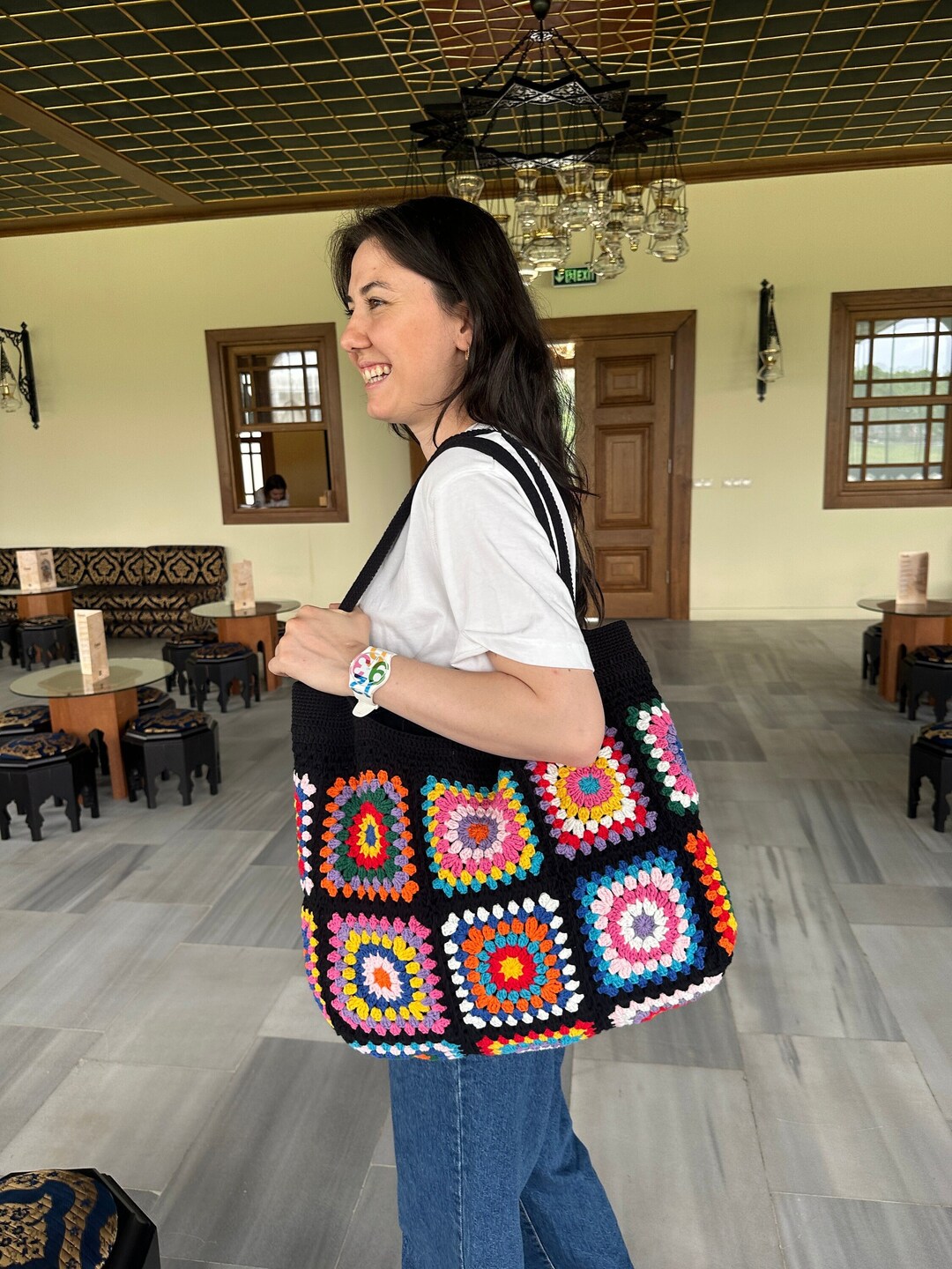 Crochet Bag, Granny Square Bag, Cotton Tote Bag, Vintage Style, Granny ...