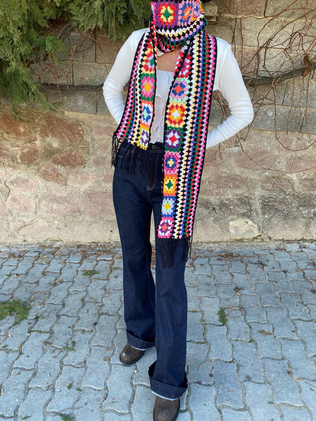 Hippie Scarf, Granny Square Scarf, Boho Scarf, Granny Square Shawl ...