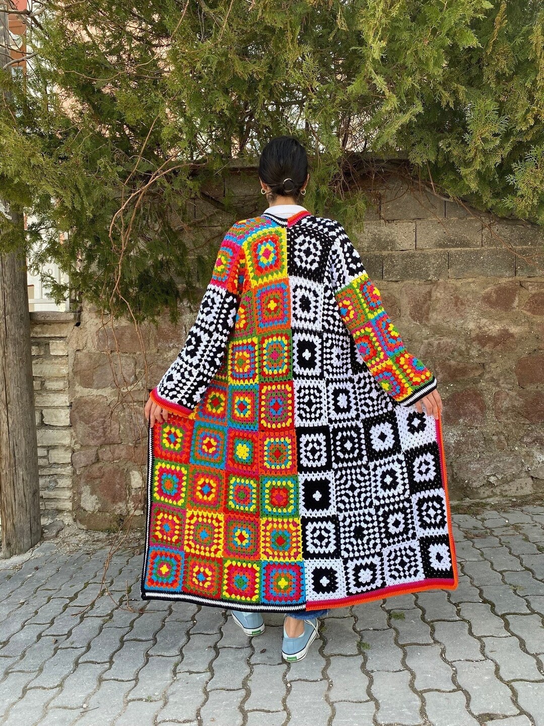 Crochet Granny Square Cardigan, Patchwork Jacket, Boho Coat, Long ...