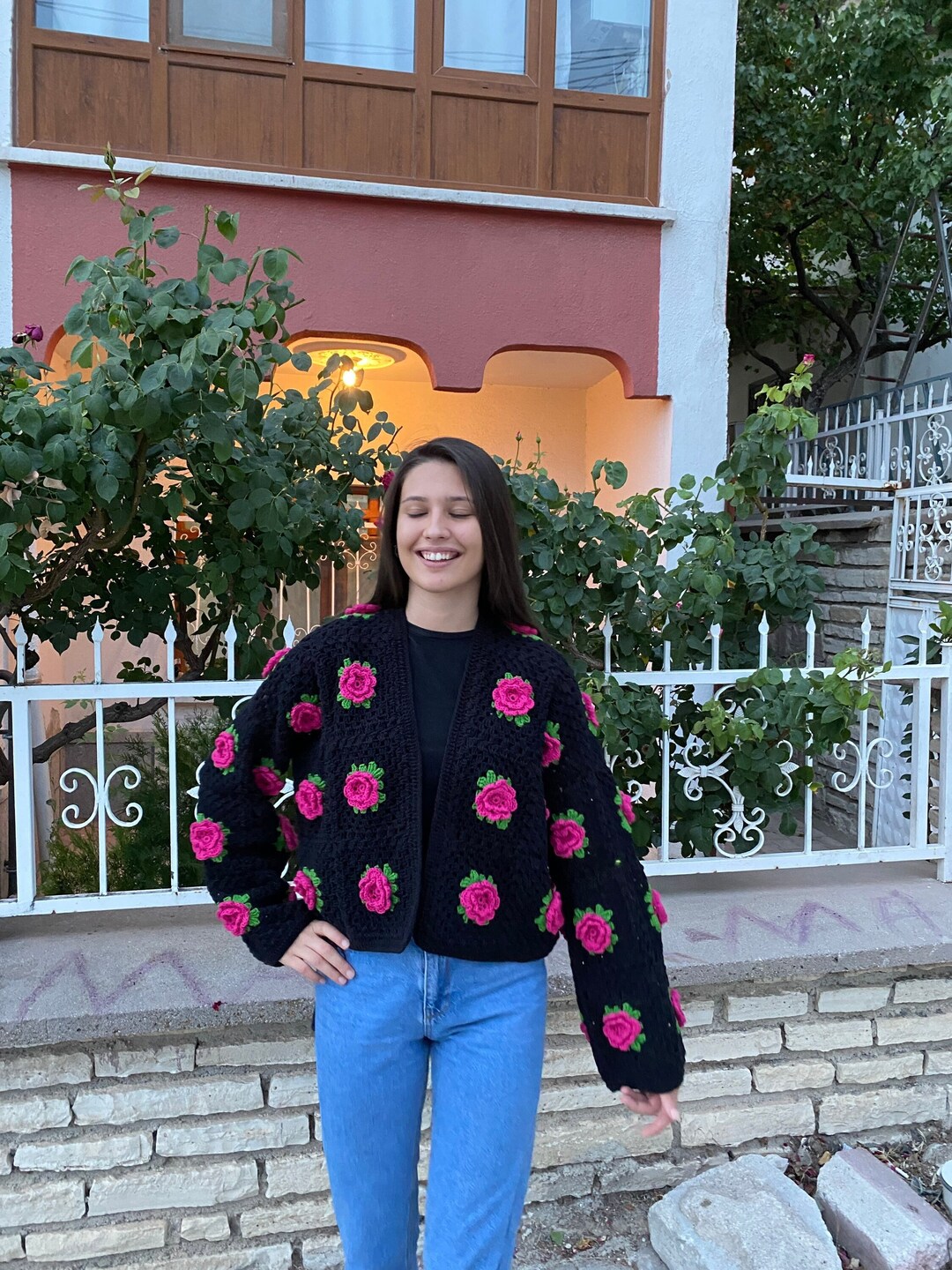 Red Rose Cardigan, Granny Square Sweater, Unique Cardigan, Floral ...