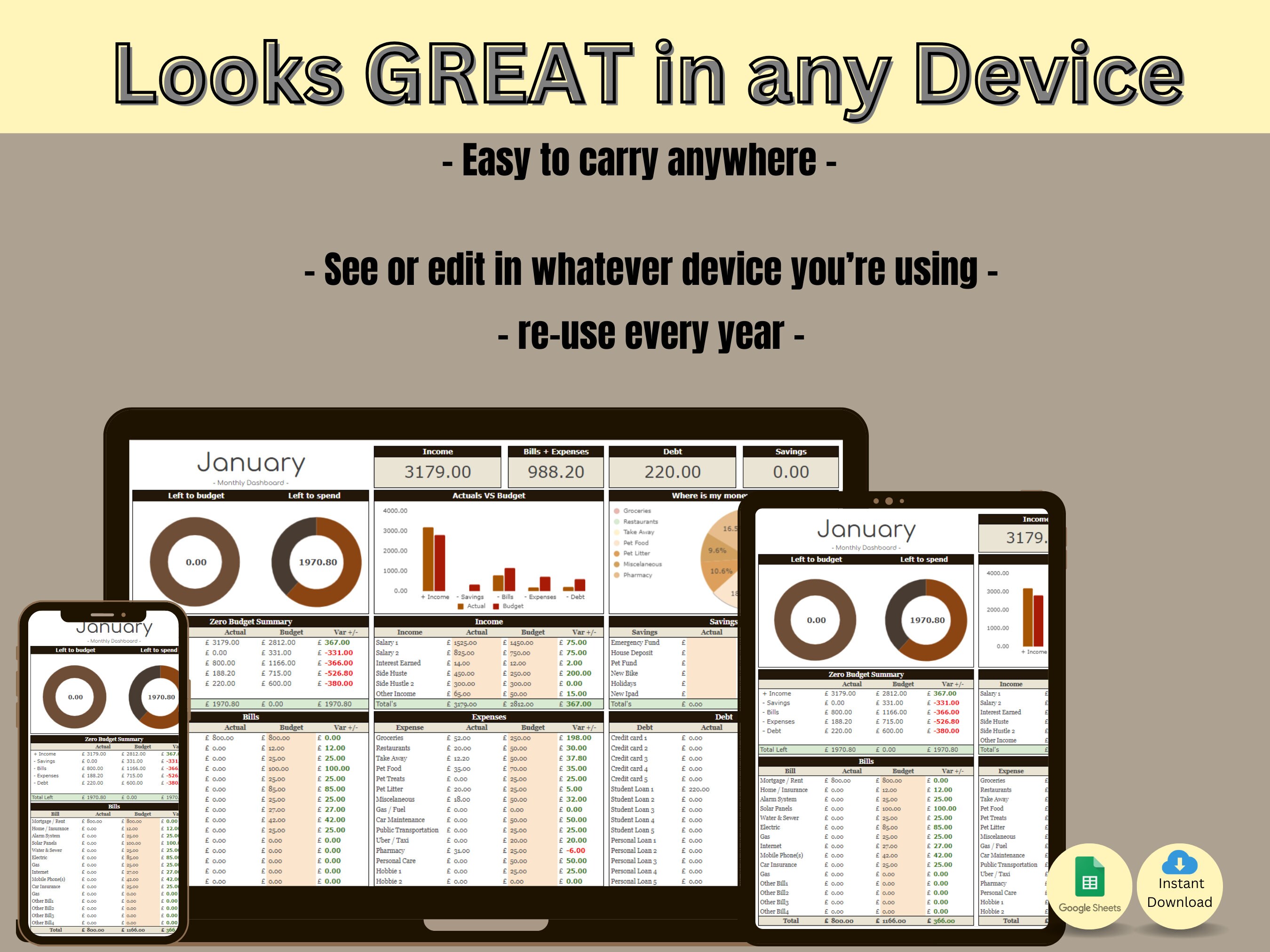 Zero-base Budget Brown Spreadsheet Template | Personal Finance Planner ...