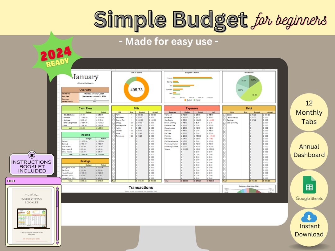 Easy Budget for Beginners 2024 Ready Spreadsheet Template Blue ...