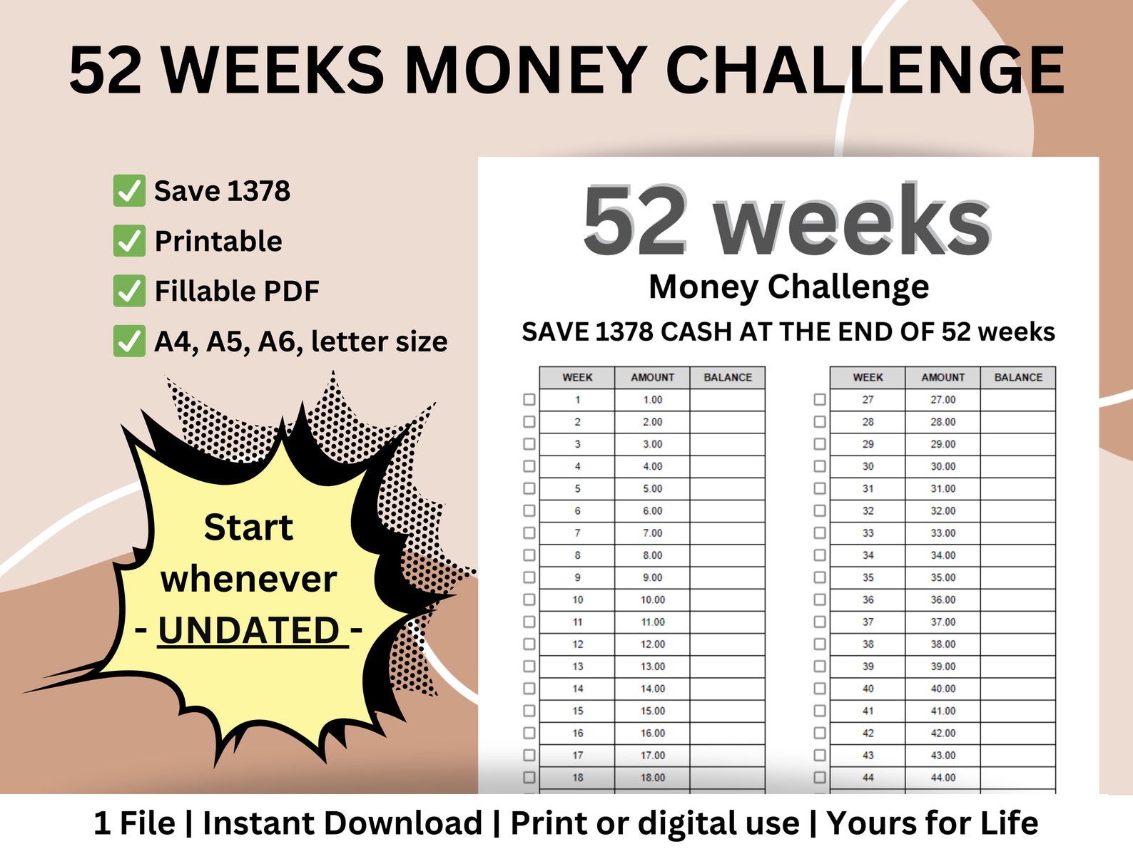 52 Week Challenge 52 Weeks Savings Challenge, Printable Digital ...