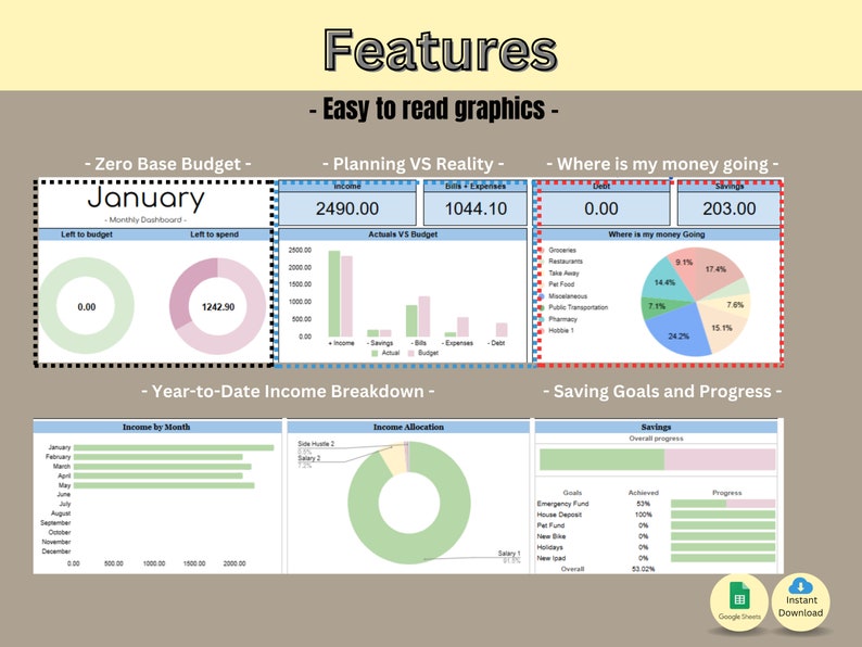 Zero-base Budget Spreadsheet Template Blue | Personal Finance Planner ...
