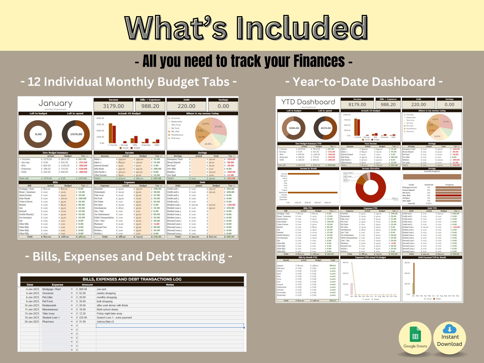 Zero-base Budget Brown Spreadsheet Template | Personal Finance Planner ...