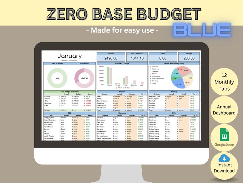 Zero-base Budget Spreadsheet Template Blue | Personal Finance Planner ...