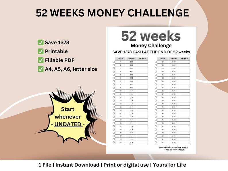 52 Week Challenge 52 Weeks Savings Challenge, Printable Digital ...